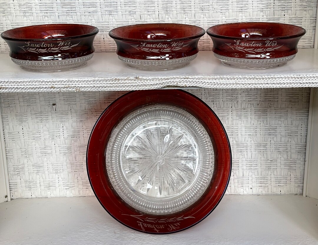 LAWTON, WISCONSIN, Ellsworth Antique Ruby Red Glass Souvenir Snack Bowl ...