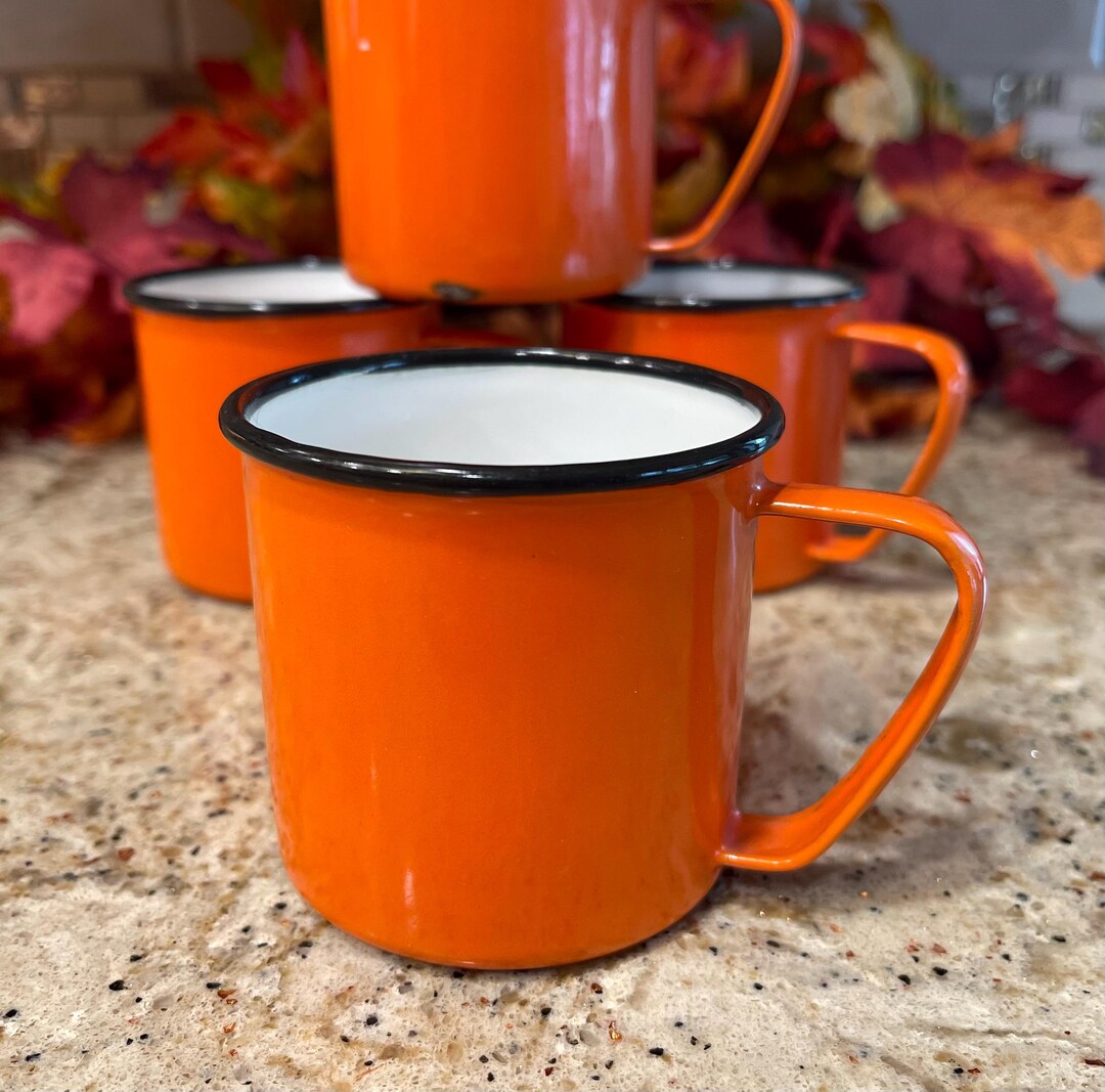 Orange Enamelware Tin Coffee Cups; Enameled Tin Mugs; Decorative ...