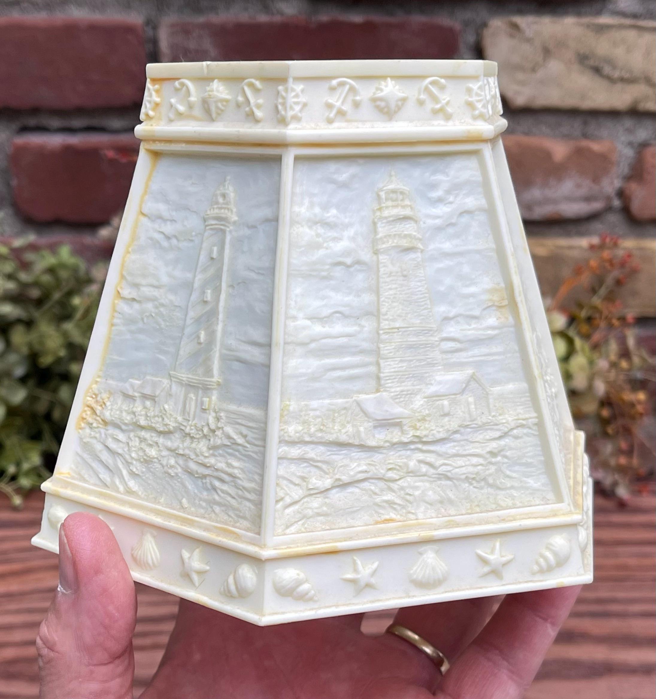 LIGHTHOUSE LAMP Shade Motif Hard Celluloid Plastic VTG Molded 6 Paneled ...