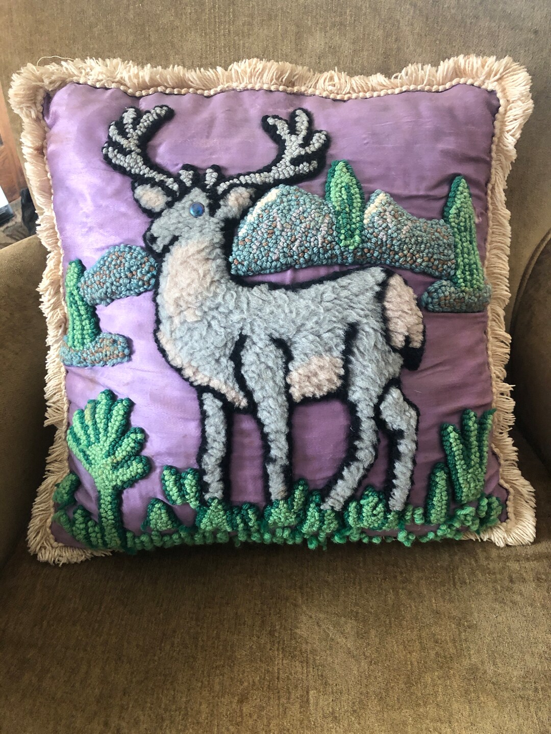 Old Needle-punch Deer Pillow | Lodge Decor | Antique Needlepoint ...