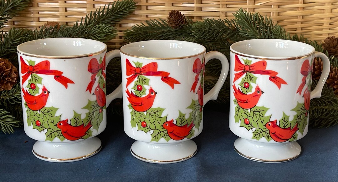 Lefton Cardinal & Holly Coffee Mugs; Footed Lefton Cardinal Cups: Hand ...