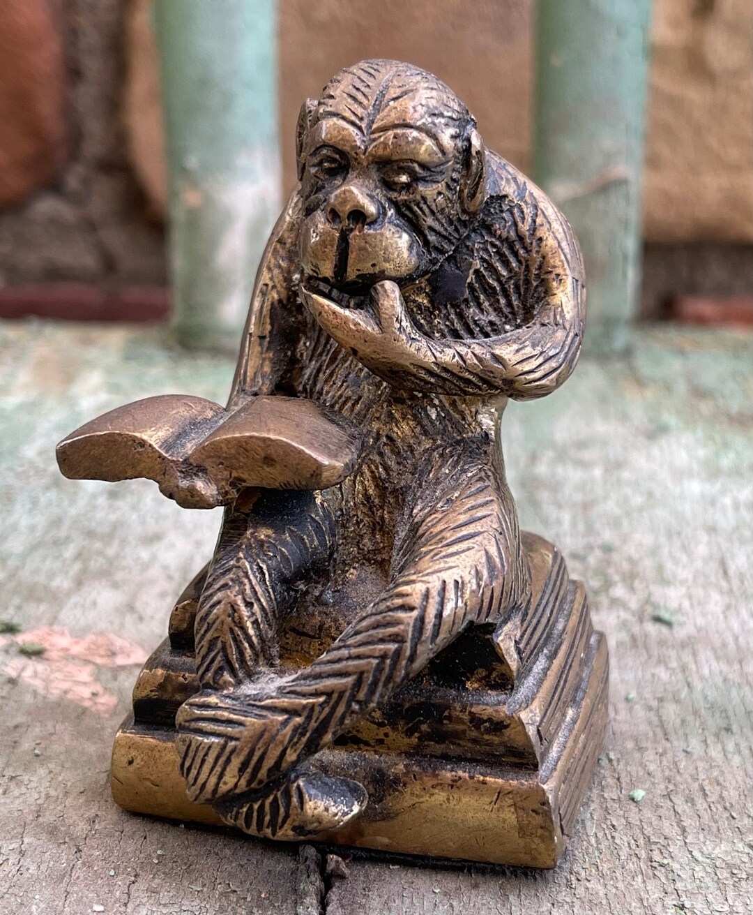 Brass Monkey Statue Reading Ape Primate | Monkey Ape Sitting on Books Reading and Pondering ...