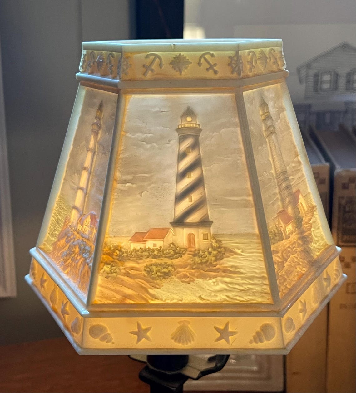 LIGHTHOUSE LAMP Shade Motif Hard Celluloid Plastic VTG Molded 6 Paneled ...