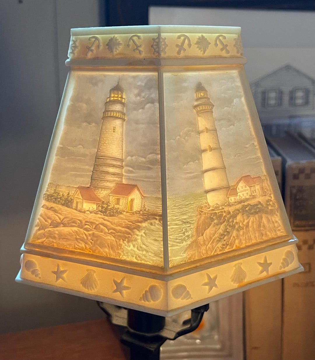LIGHTHOUSE LAMP Shade Motif Hard Celluloid Plastic VTG Molded 6 Paneled ...