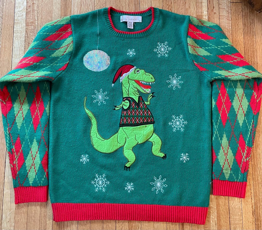 JOLLY SWEATERS Dancing Dinosaur Christmas Sweater Red Green Size M ...