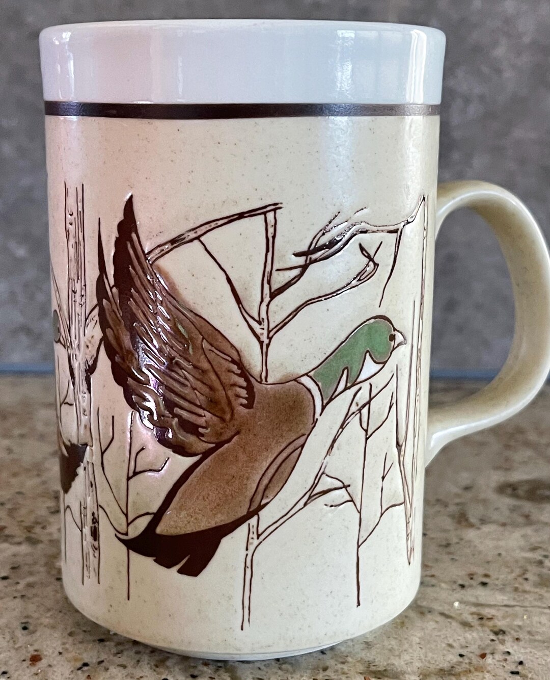 Wildlife Embossed Mallard Flying Duck White Brown Green Duck Mug; Game ...