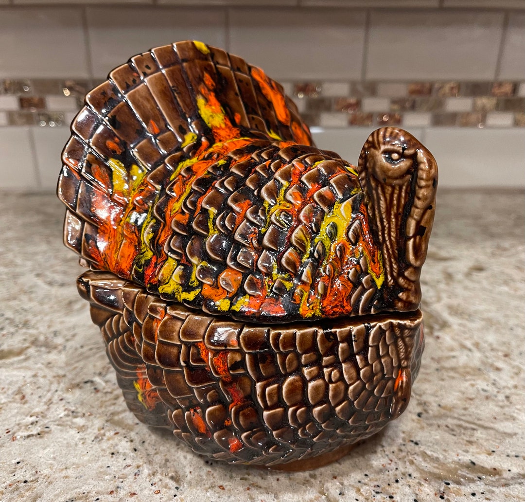 Turkey 2 Piece Ceramic Centerpiece; Retro Turkey Dish With Lid Splatter ...