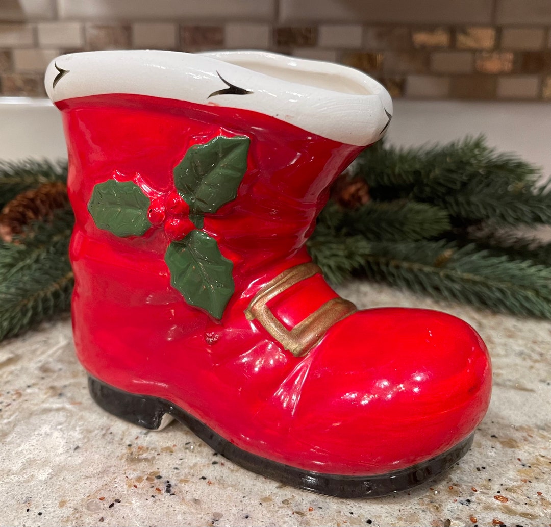 SANTA BOOT Planter Container LEFTON Gold Buckle Mid Century Xmas ...