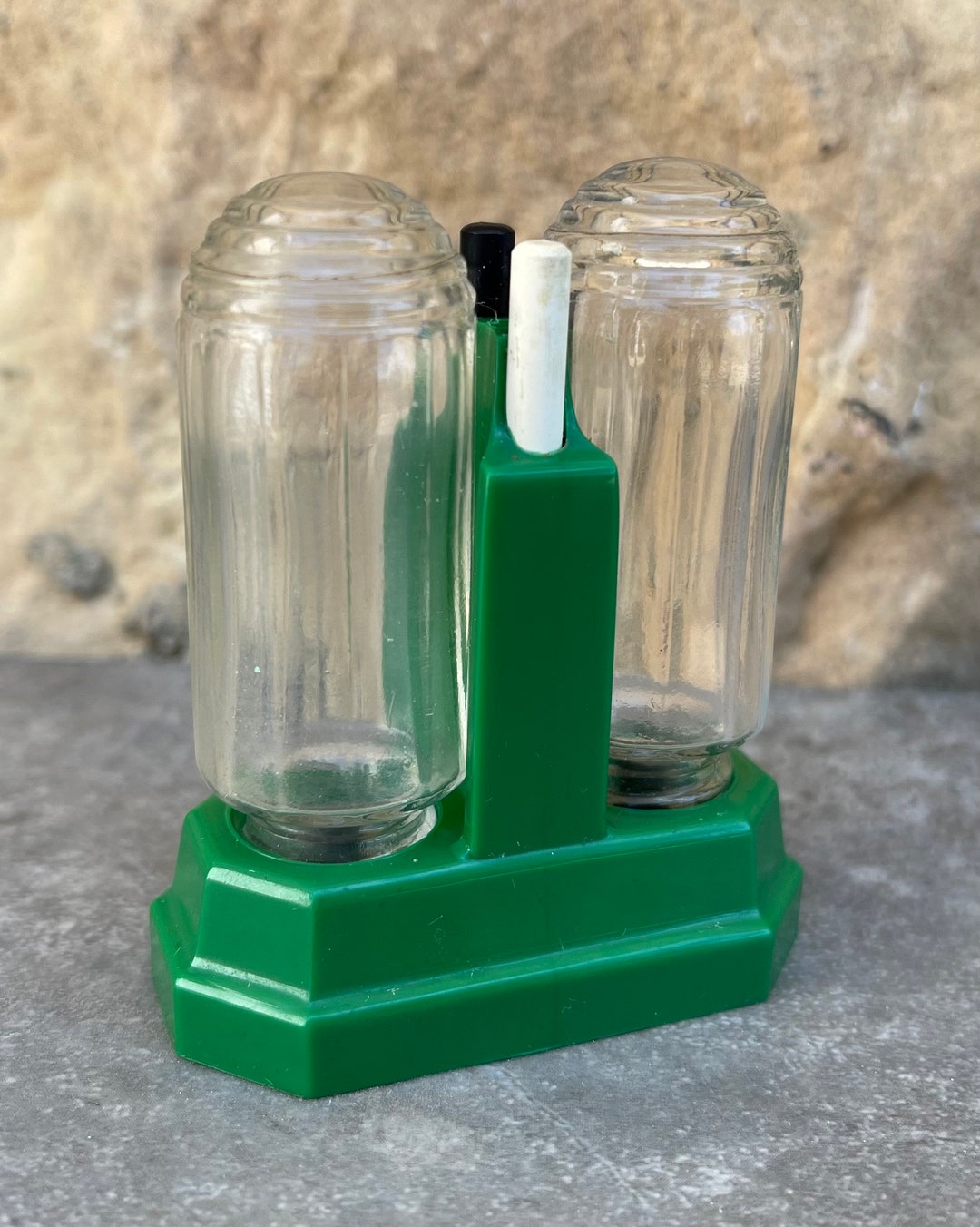 Celluloid Salt Pepper Shakers! Green Color, Glass Shakers in Original ...