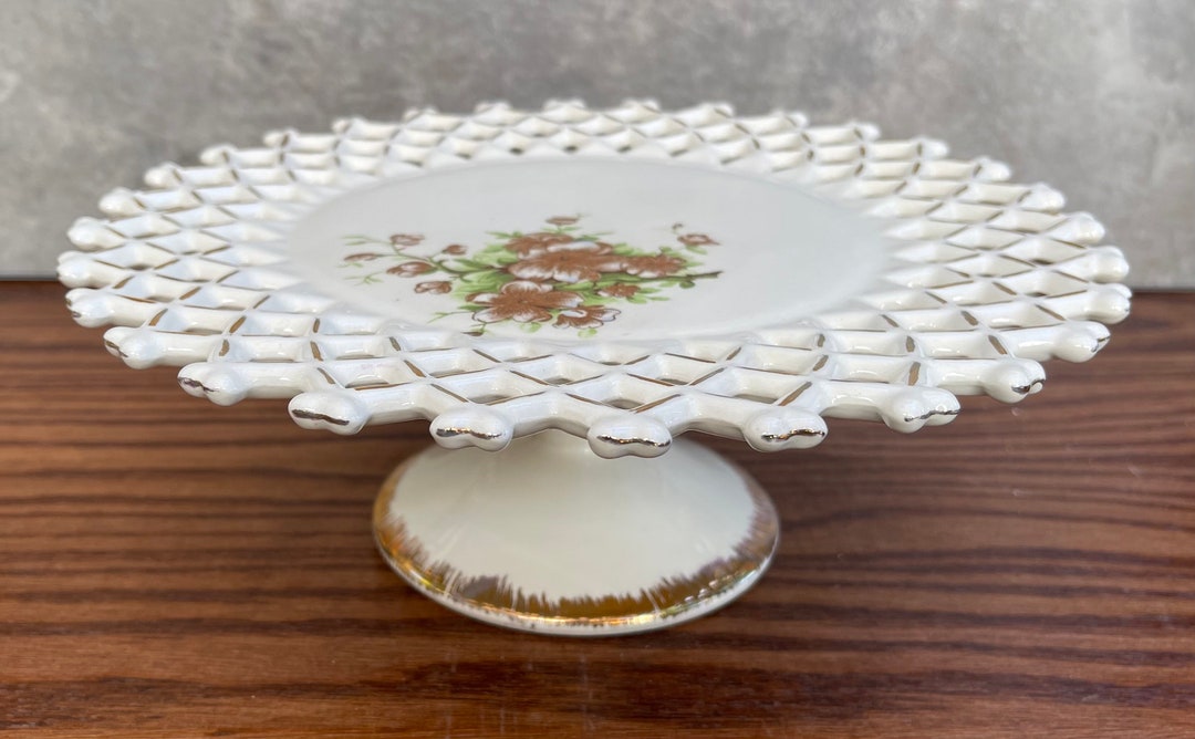 Cake Plate Lattice Gold Gilt Edge Cake Pedestal; Pierced Cut Lace ...