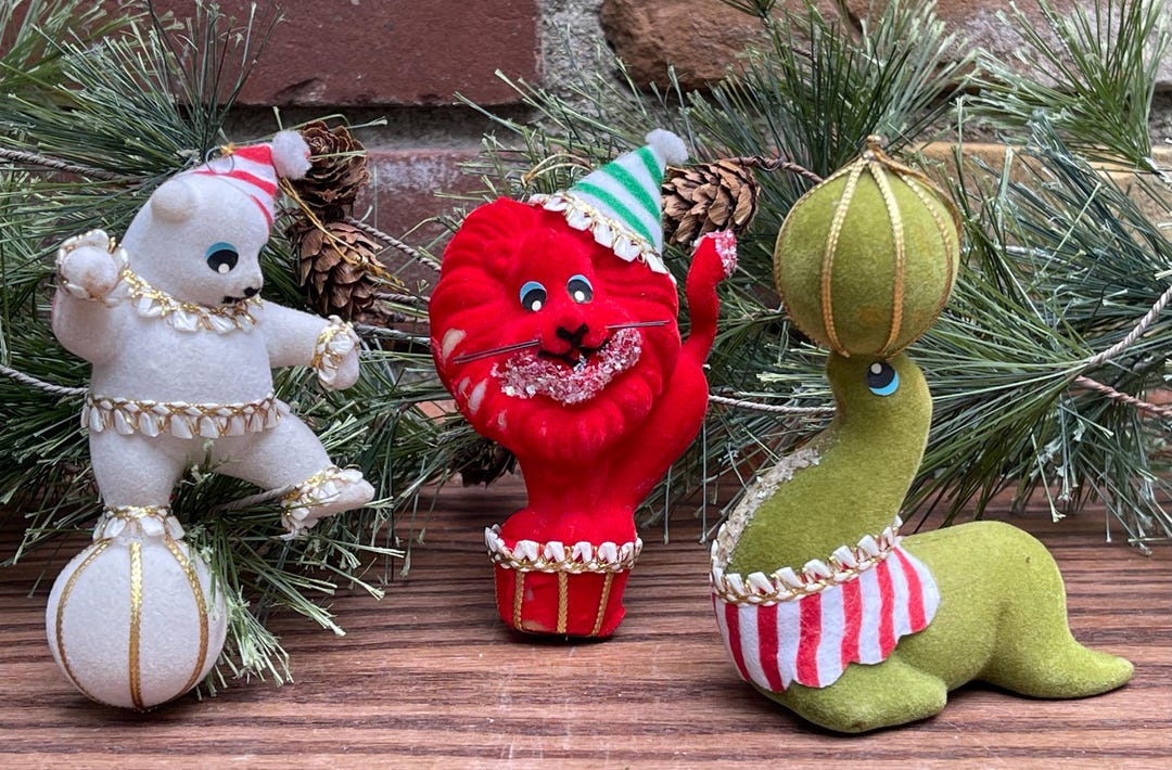 Circus Christmas Flocked Hanging Ornaments; 1960s Flocked Seal, Red ...