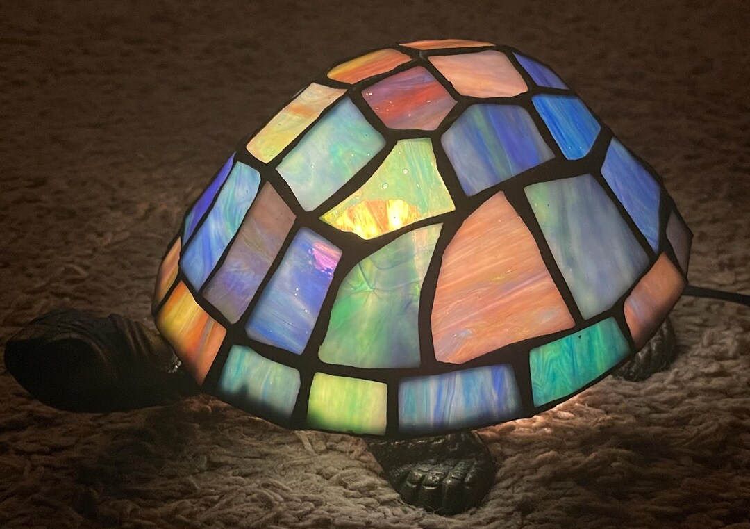 TURTLE Tiffany Style Turtle Blue and Green Stained Glass Cast Iron Lamp ...