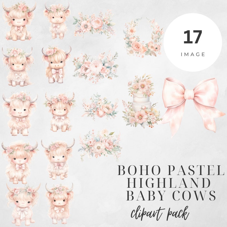 Floral Highland Cow Clipart Bundle, Pastel, Floral Cow Baby Shower ...