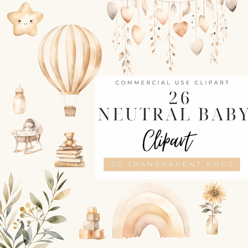 Neutral Teddy Bear Watercolor Clipart, Neutral Baby Clipart, Baby ...