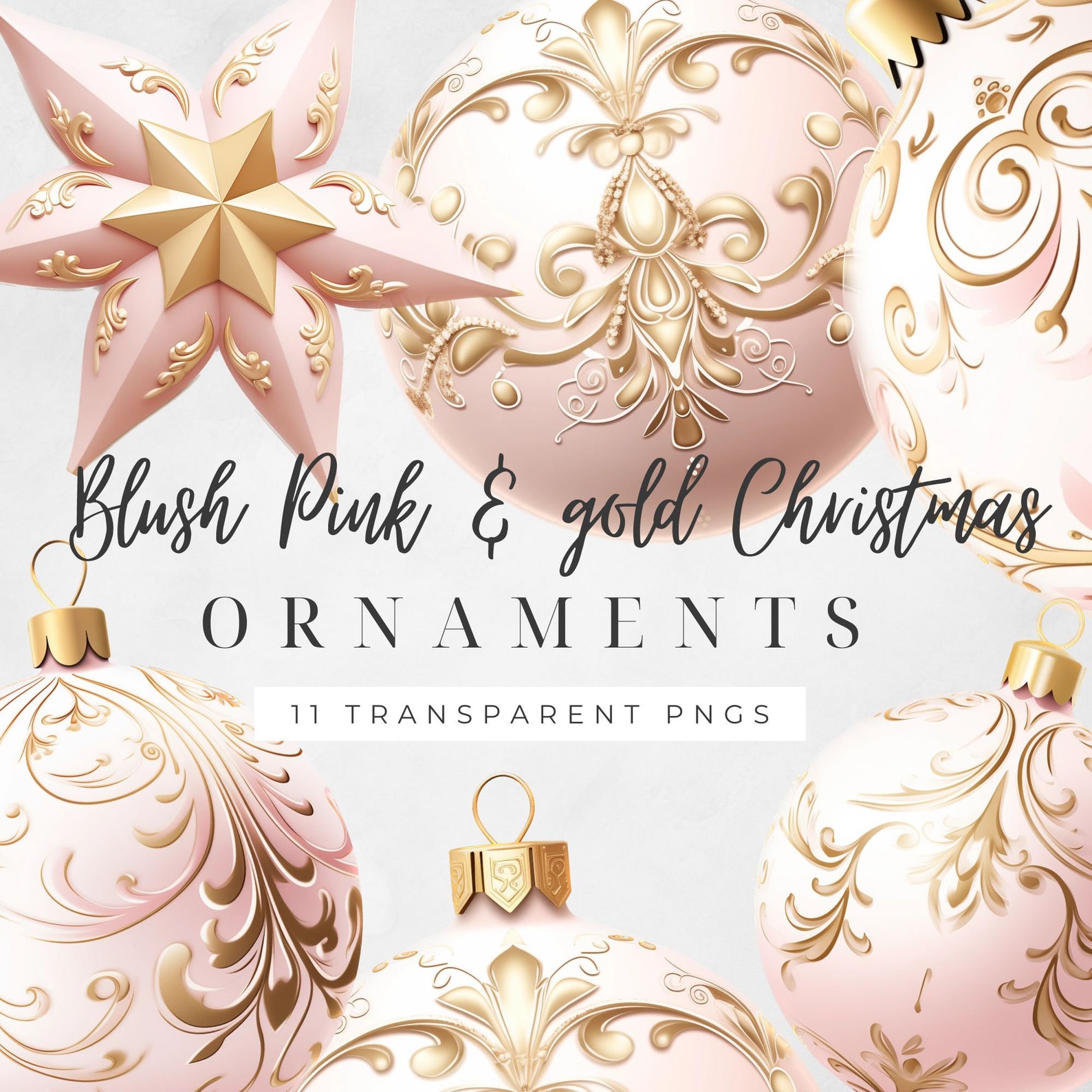 Blush Pink and Gold Christmas Ornaments Digital Clipart, Ball Ornament ...
