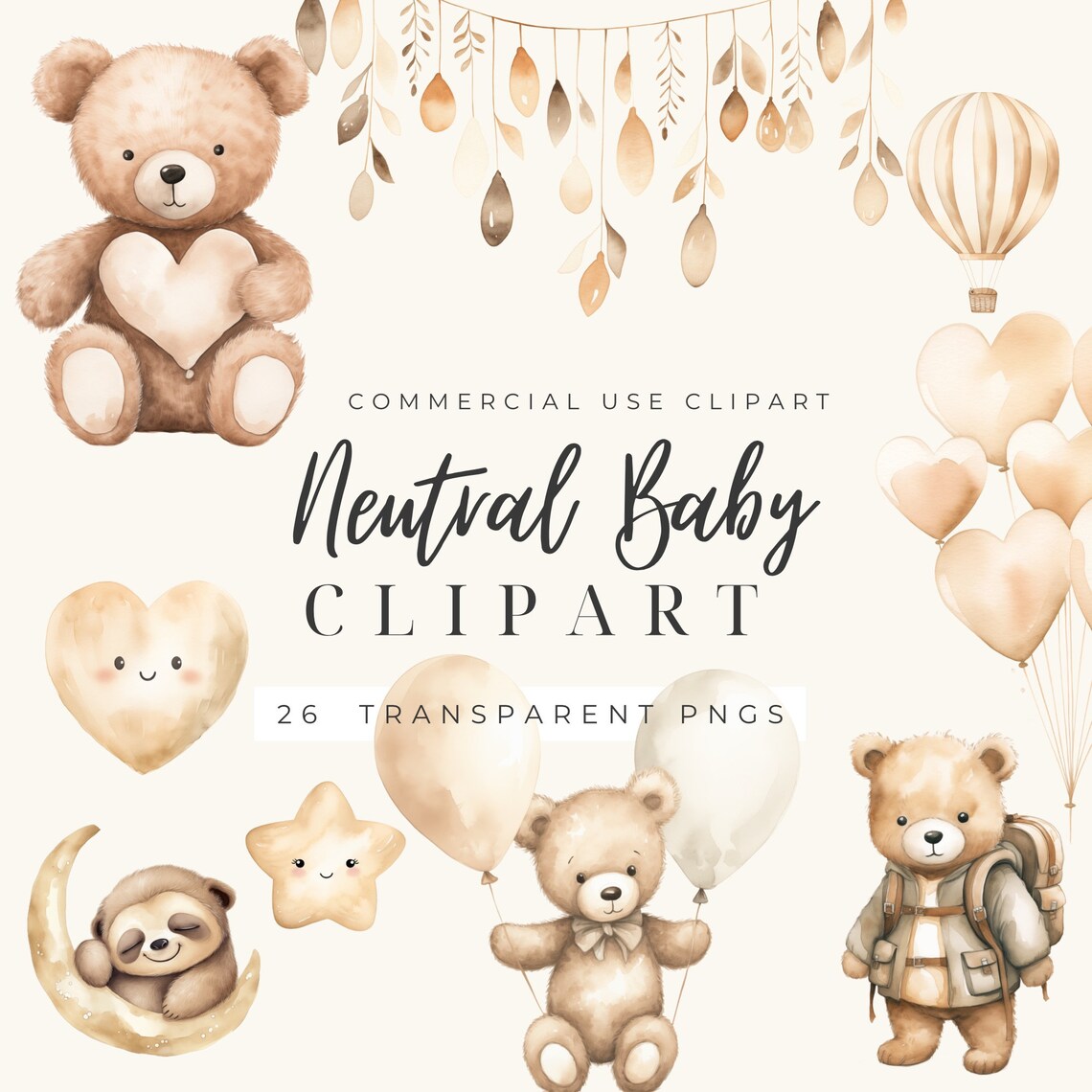 Neutral Teddy Bear Watercolor Clipart, Neutral Baby Clipart, Baby ...