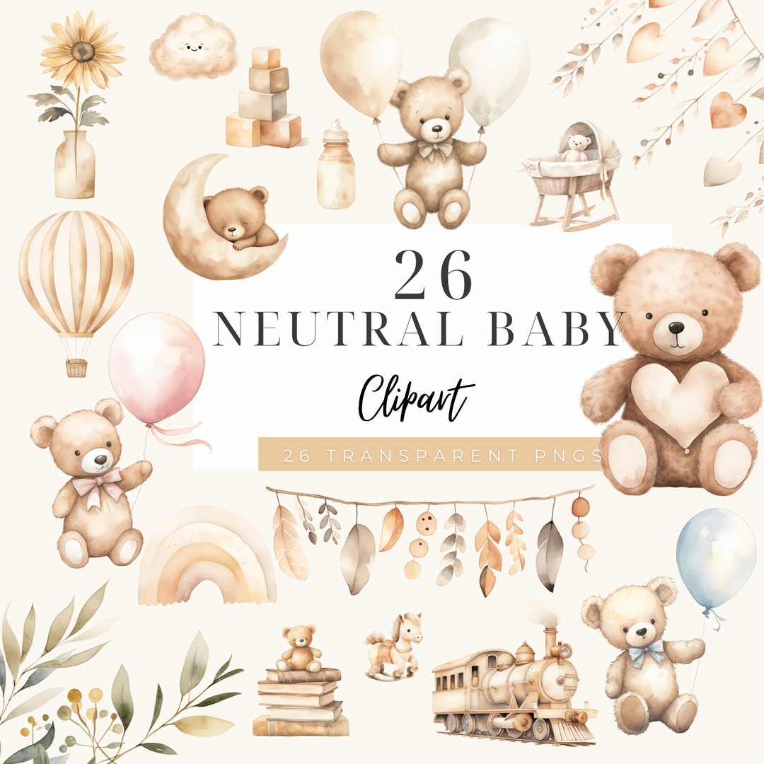 Neutral Teddy Bear Watercolor Clipart, Neutral Baby Clipart, Baby ...