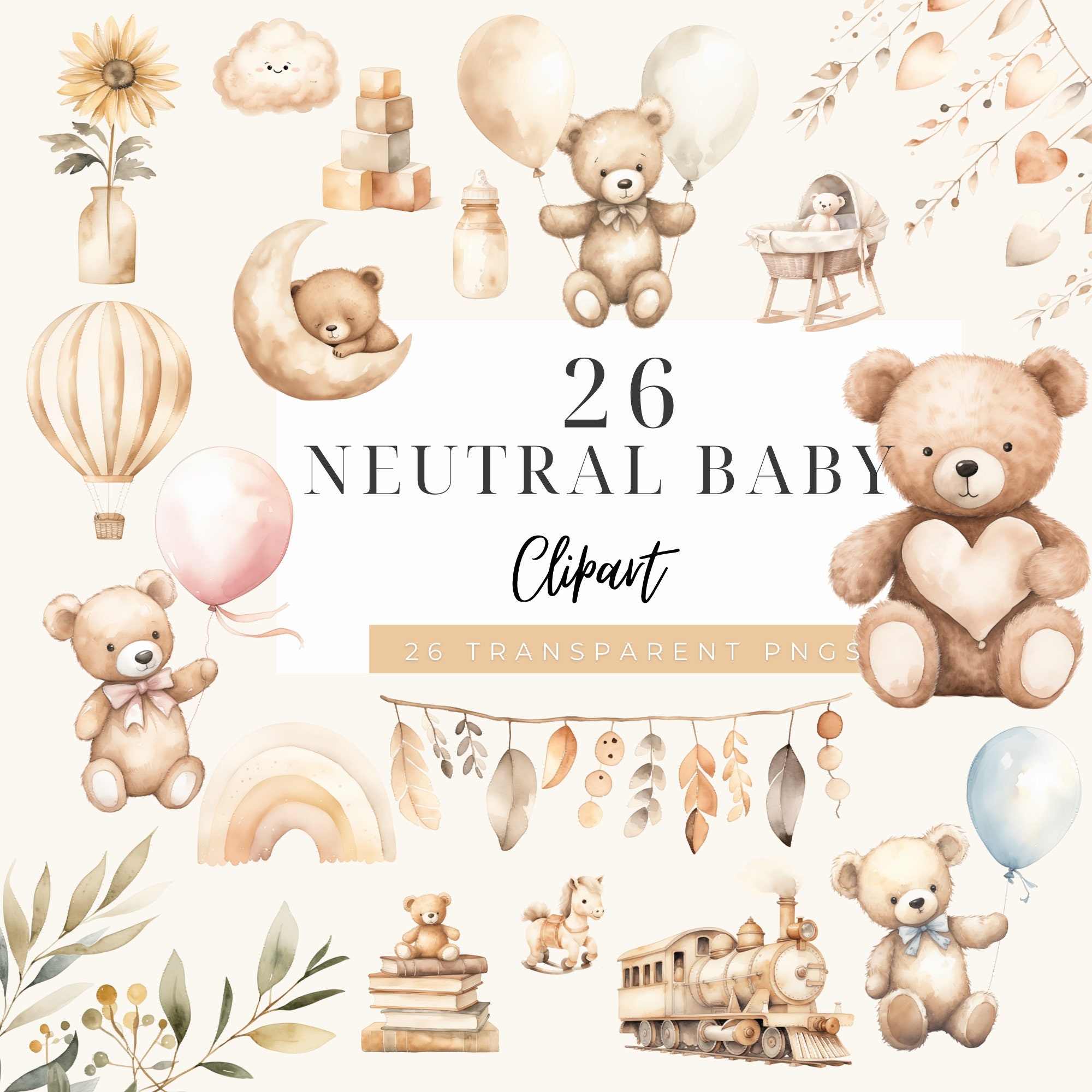 Neutral Teddy Bear Watercolor Clipart, Neutral Baby Clipart, Baby ...
