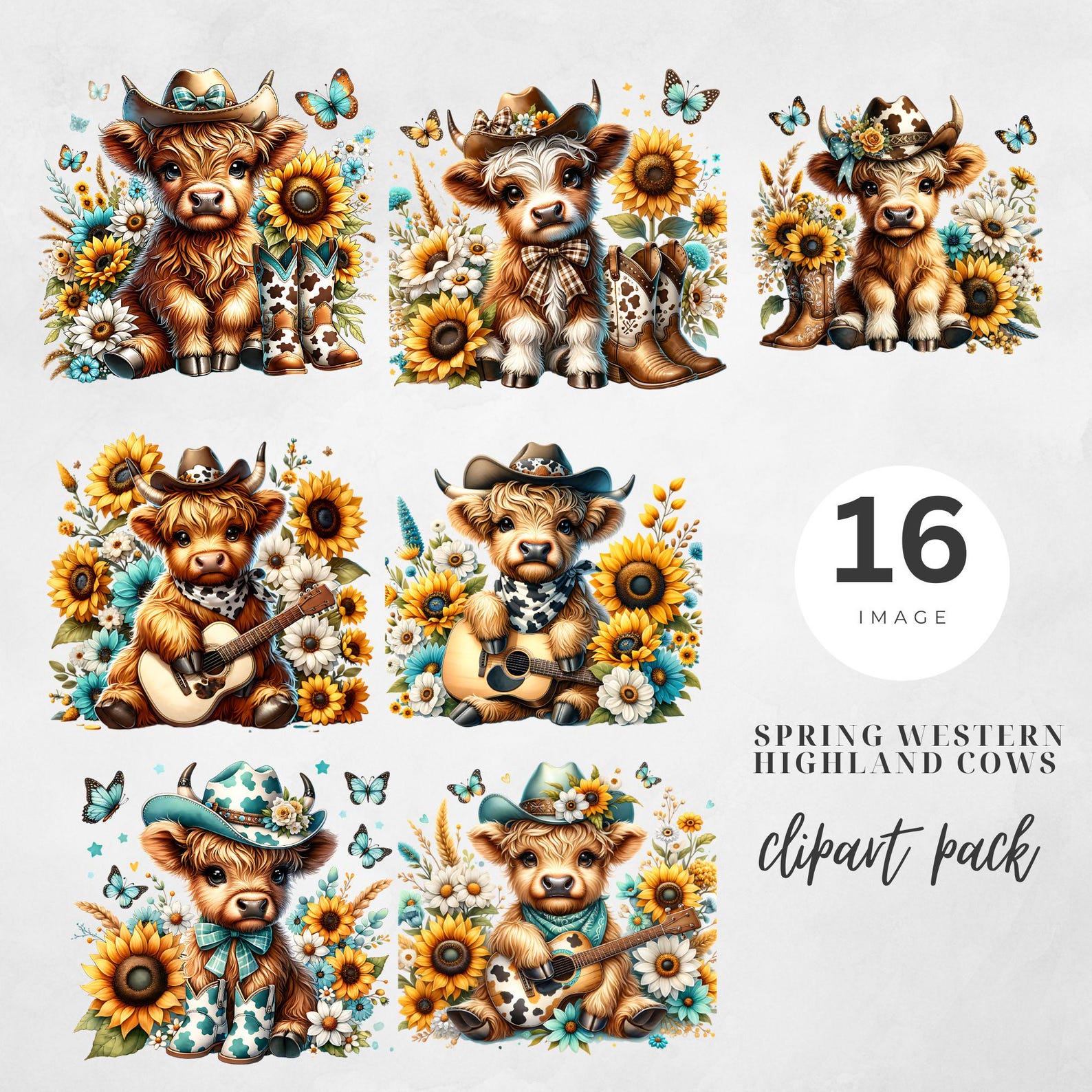 Watercolor Spring Highland Cow Clipart Set, Western Highland Cows ...