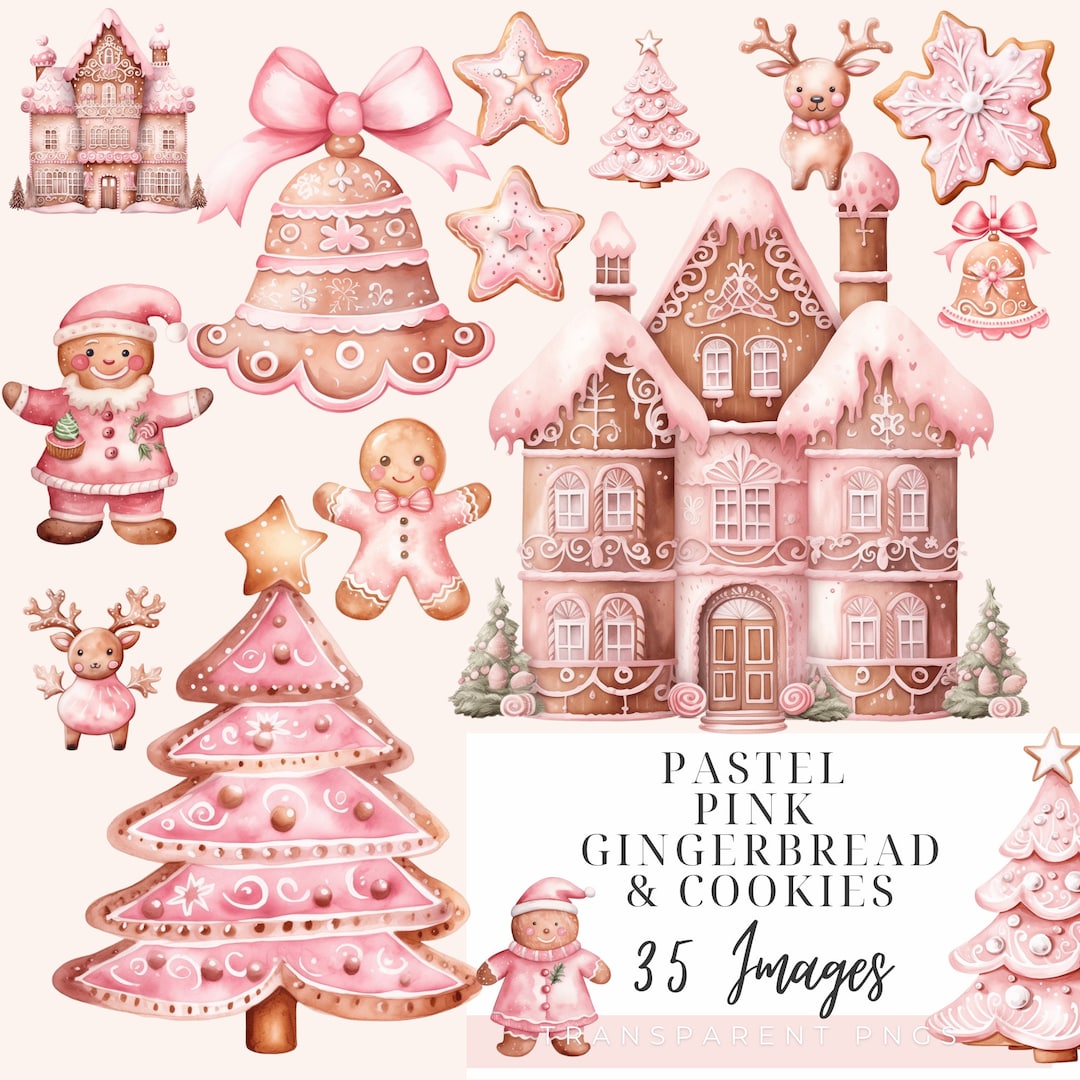 Pink Gingerbread Clipart Png, Pink Watercolor Christmas Gingerbread ...