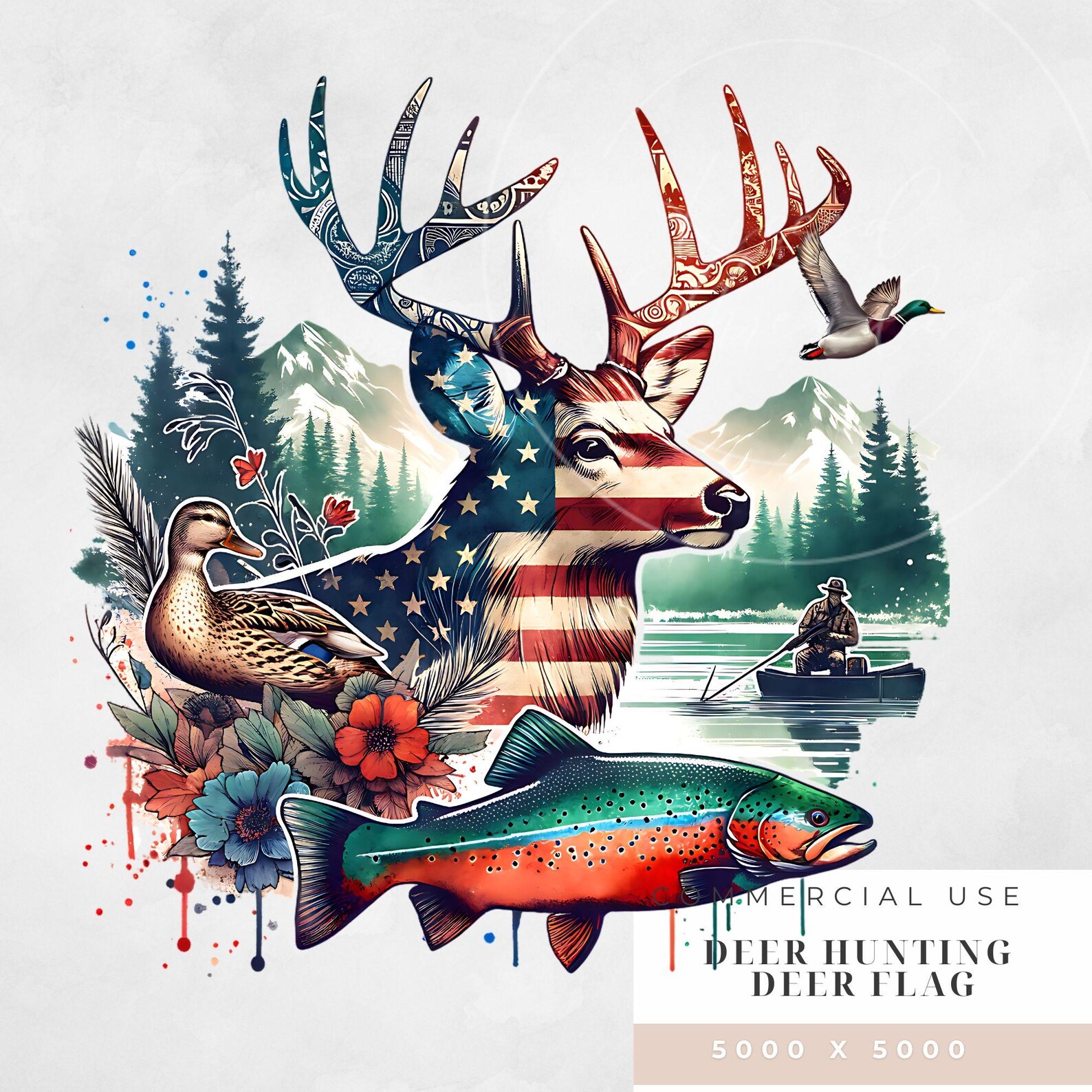 American Flag With Buck Deer Head Png, Whitetail Buck Head Graphic ...