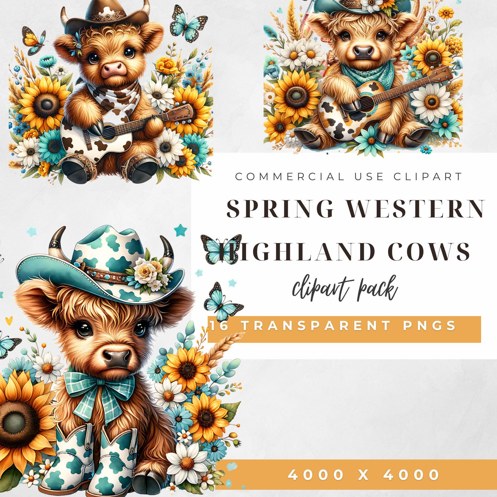 Watercolor Spring Highland Cow Clipart Set, Western Highland Cows ...