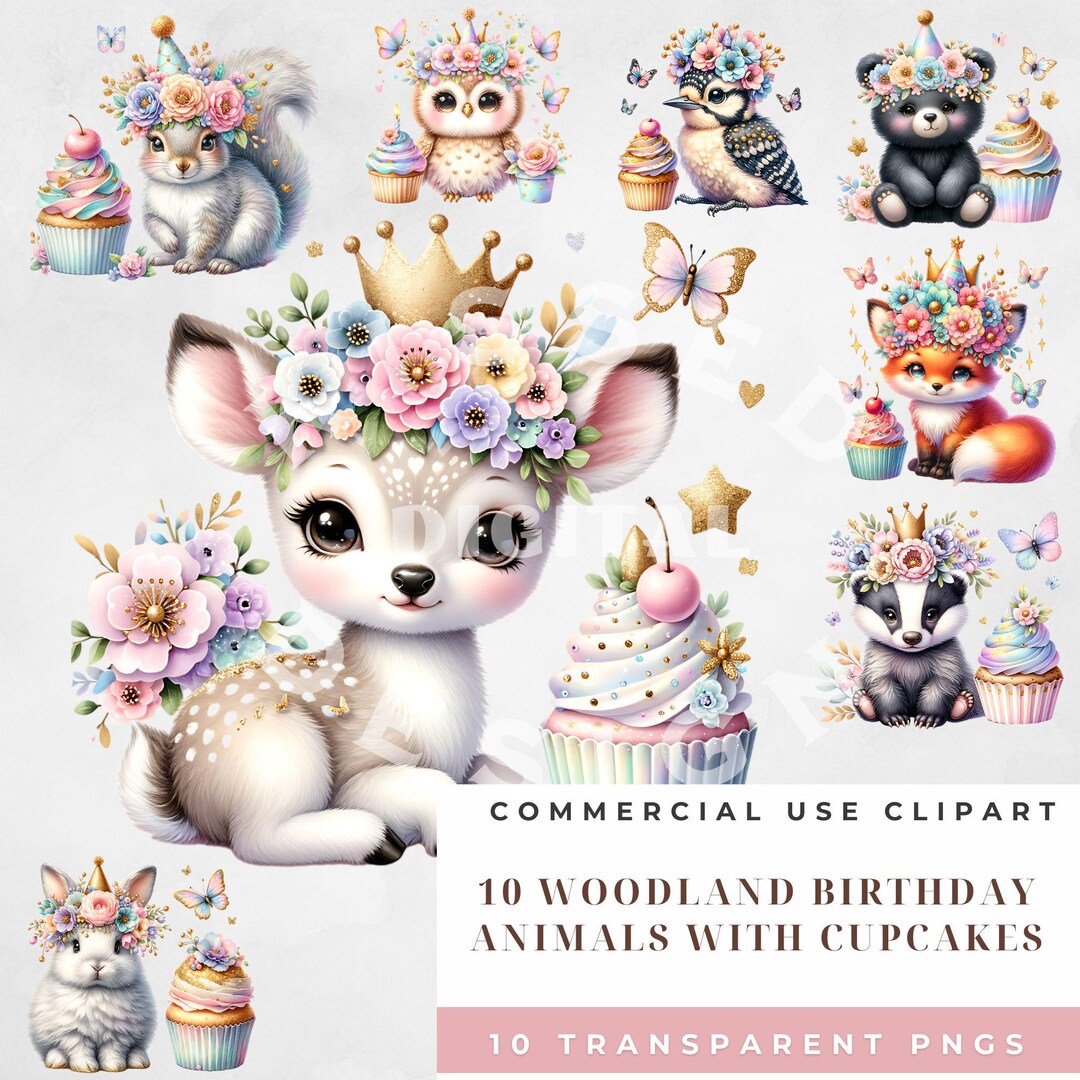Cute Animal Birthday Party Clipart, Woodland Animals Birthday PNG ...