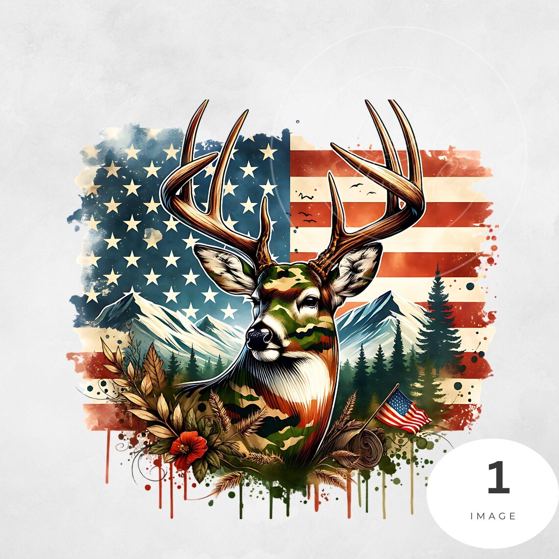 American Flag With Buck Deer Head Png, Whitetail Buck Head Graphic ...