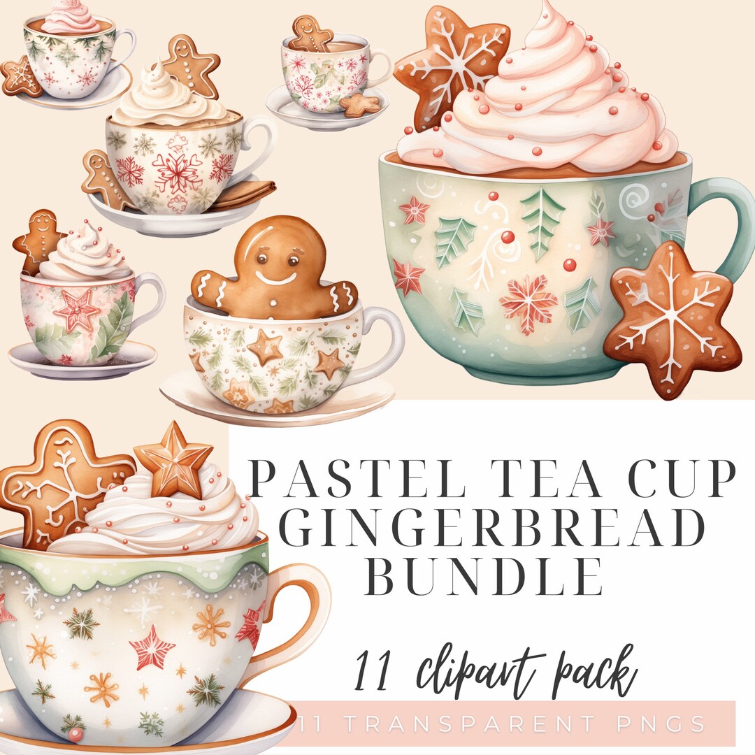 Gingerbread Tea Cup Clipart, Christmas Tea Cup, Pastel Watercolor ...