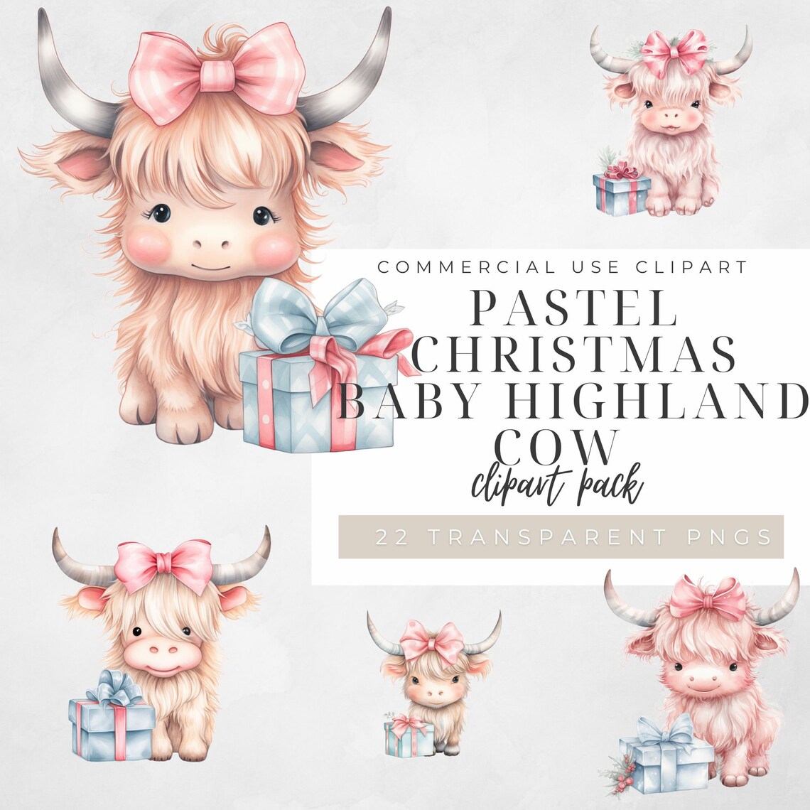 Pink Christmas Baby Highland Cow Clipart Bundle, Pastel Christmas Png ...