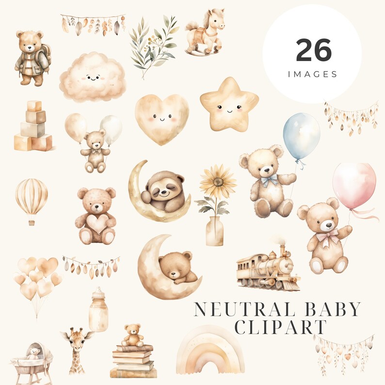 Neutral Teddy Bear Watercolor Clipart, Neutral Baby Clipart, Baby ...
