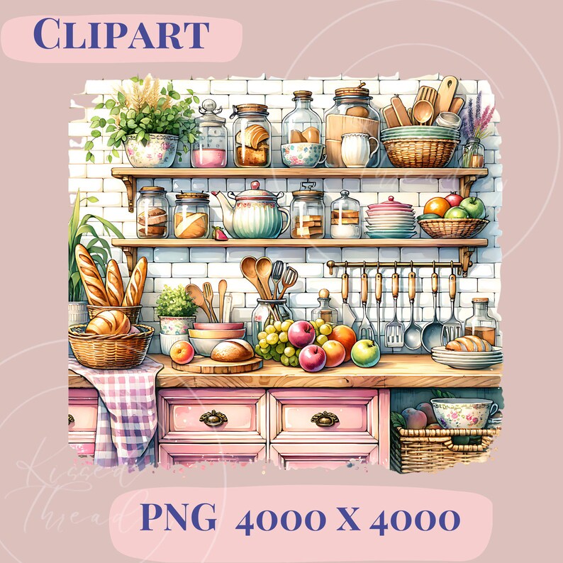 Vintage Rustic Kitchen Clipart Bundle, Kitchen Plant Shelves Pantries ...