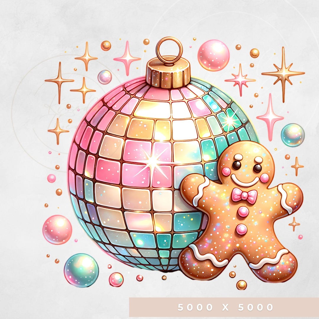 Disco Ball and Gingerbread Man Png, Christmas Party Png, Pastel Pink ...