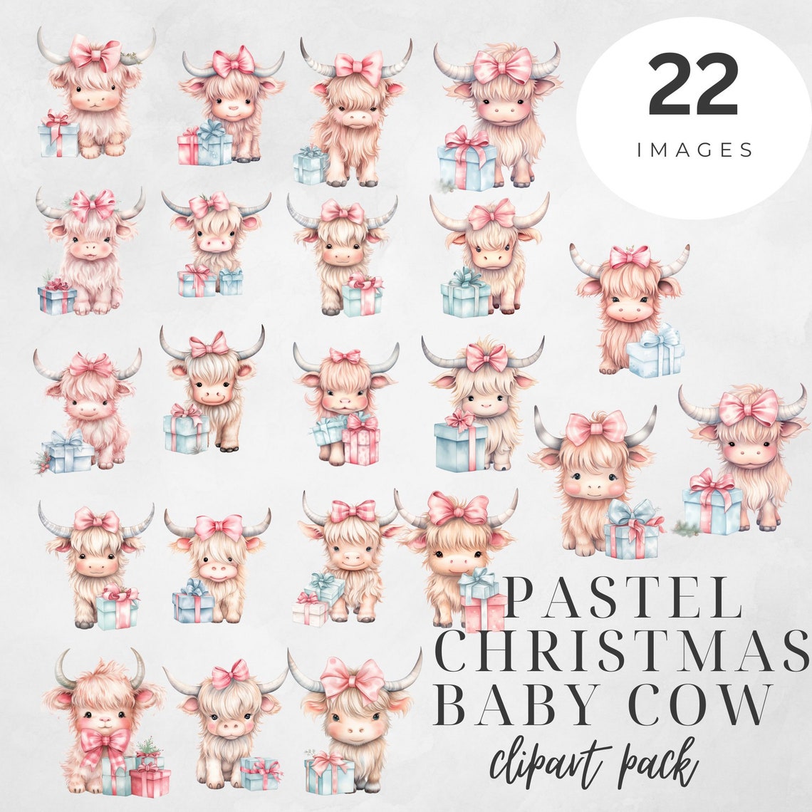Pink Christmas Baby Highland Cow Clipart Bundle, Pastel Christmas Png ...