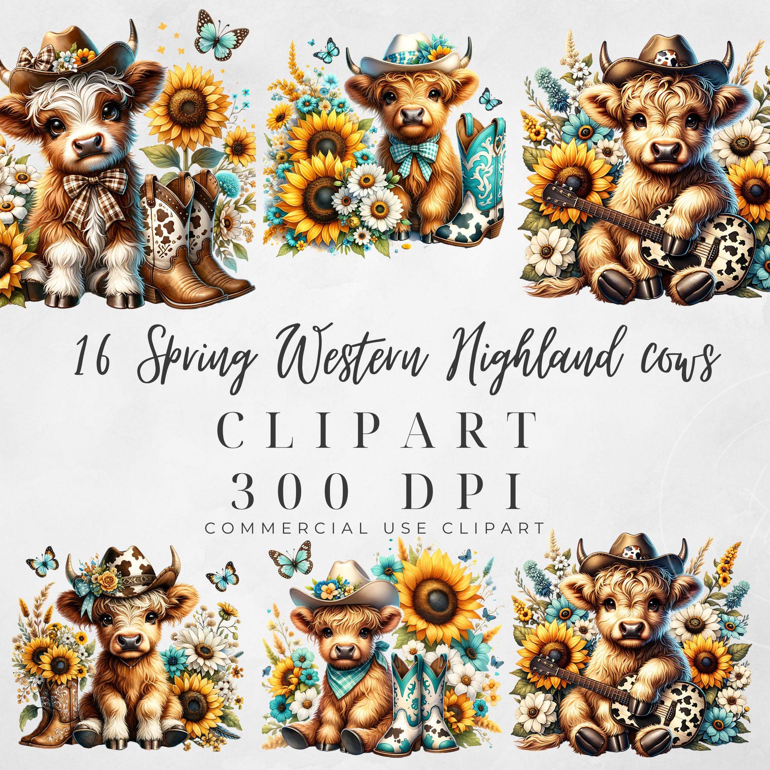Watercolor Spring Highland Cow Clipart Set, Western Highland Cows ...