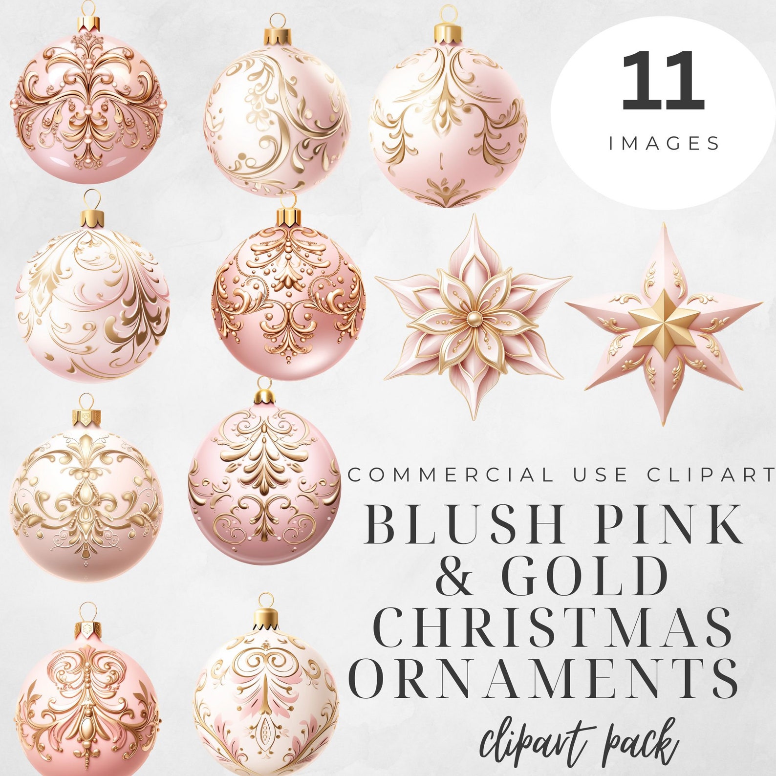 Blush Pink and Gold Christmas Ornaments Digital Clipart, Ball Ornament ...