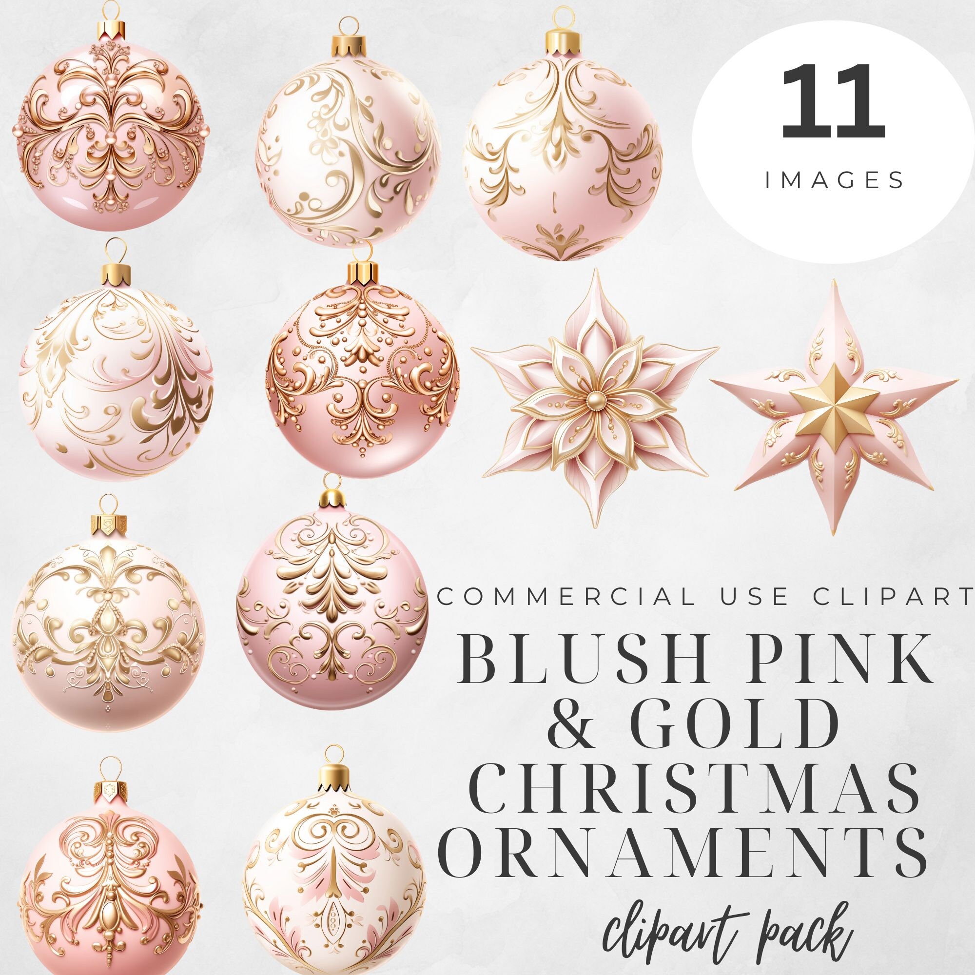 Blush Pink and Gold Christmas Ornaments Digital Clipart, Ball Ornament ...