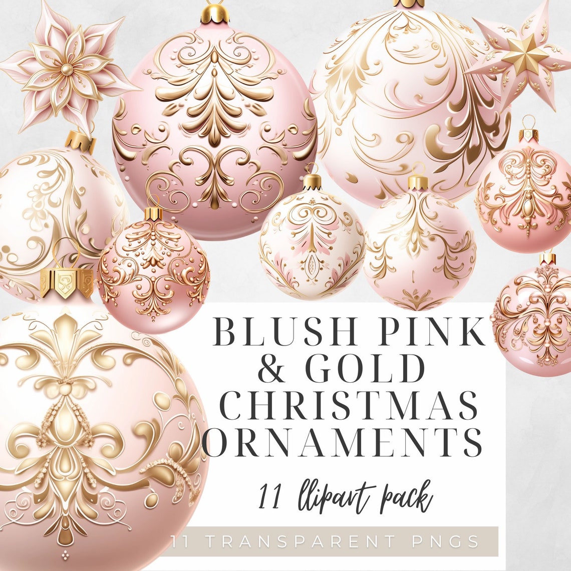 Blush Pink and Gold Christmas Ornaments Digital Clipart, Ball Ornament ...