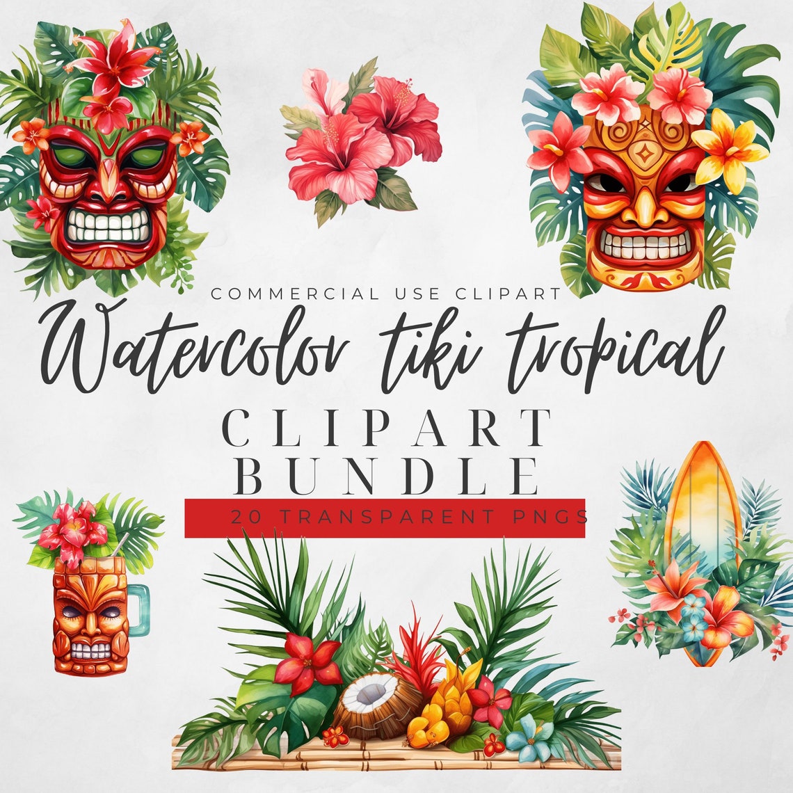 Tropical, Tiki, Hawaiian Clipart Bundle, Watercolor Hawaii Clipart ...
