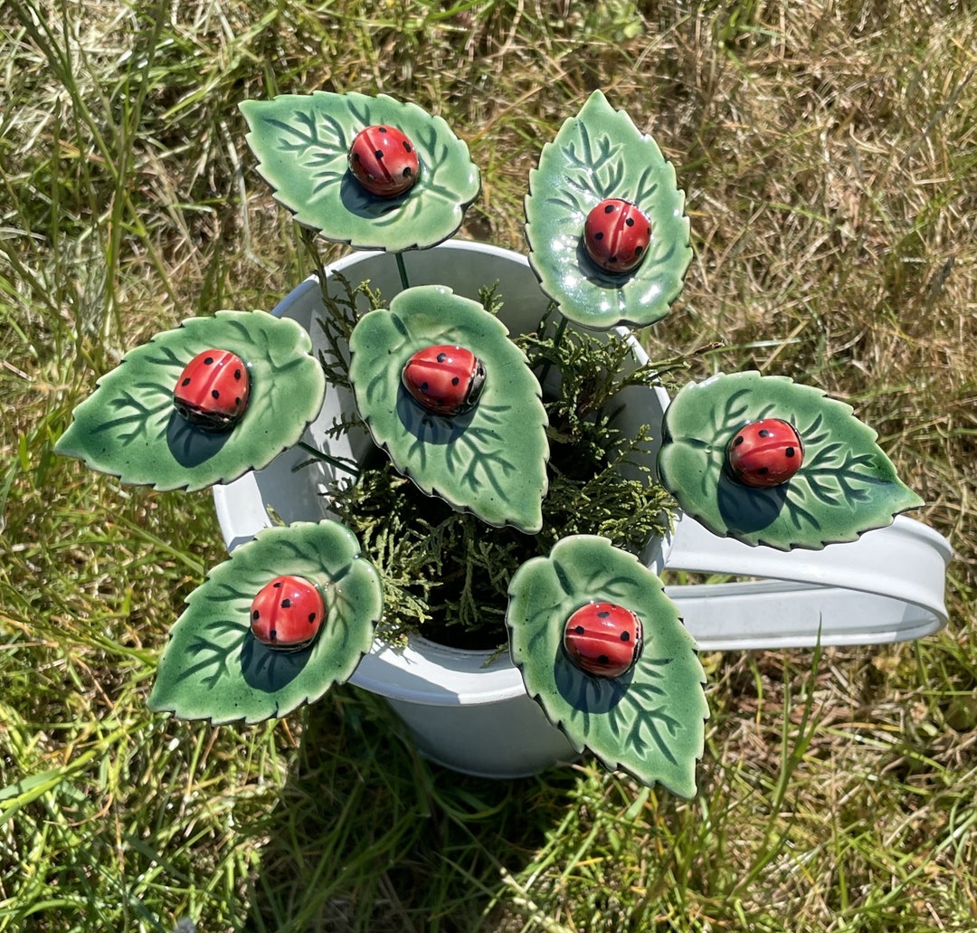 Ceramic Ladybird on Leaf,plant Stake, Fairy Garden Accessories, Garden ...