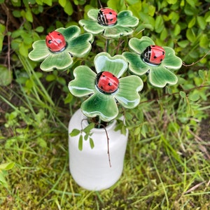Ceramic Ladybird on Four-leaf Clover,plant Stake, Fairy Garden ...