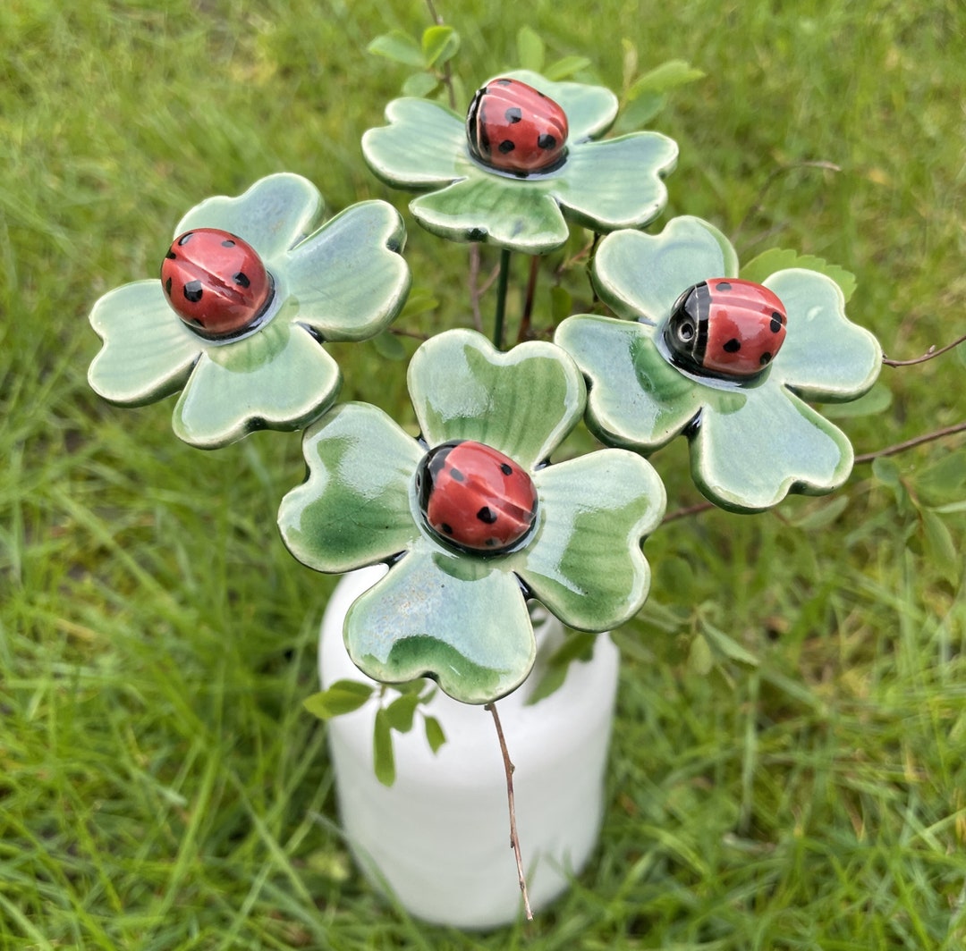 Ceramic Ladybird on Four-leaf Clover,plant Stake, Fairy Garden ...