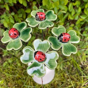 Ceramic Ladybird on Four-leaf Clover,plant Stake, Fairy Garden ...