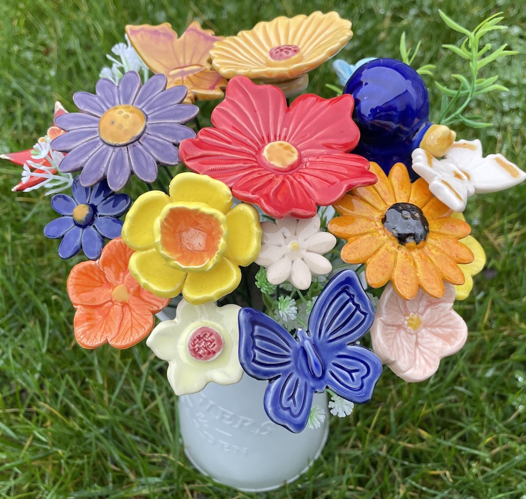 Ceramic Flowers Bouquet - 19 Flowers,floral Centerpiece of Handmade ...