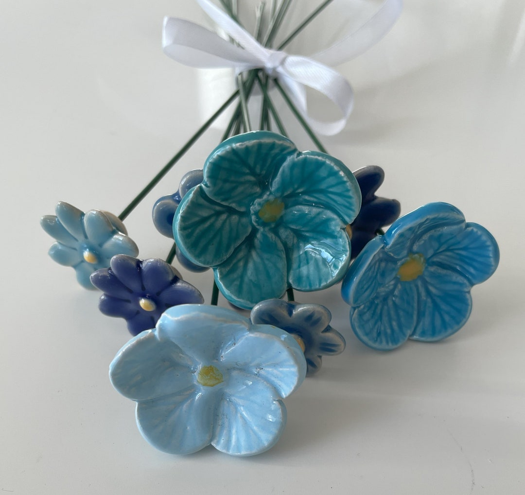 Ceramic Flowers Bouquet 9 Small Blue Flowers,floral Centerpiece of ...