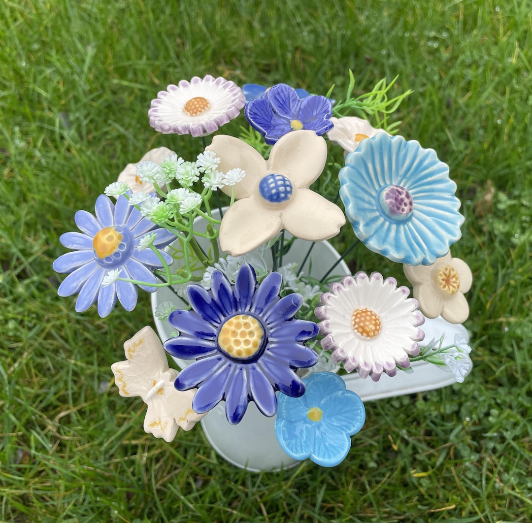 Ceramic Flowers Bouquet - 13 Flowers,floral Centerpiece of Handmade ...