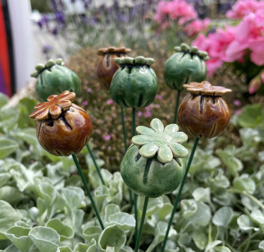 Ceramic Poppy Straw, Plant Stake, Fairy Garden Accessories, Garden ...