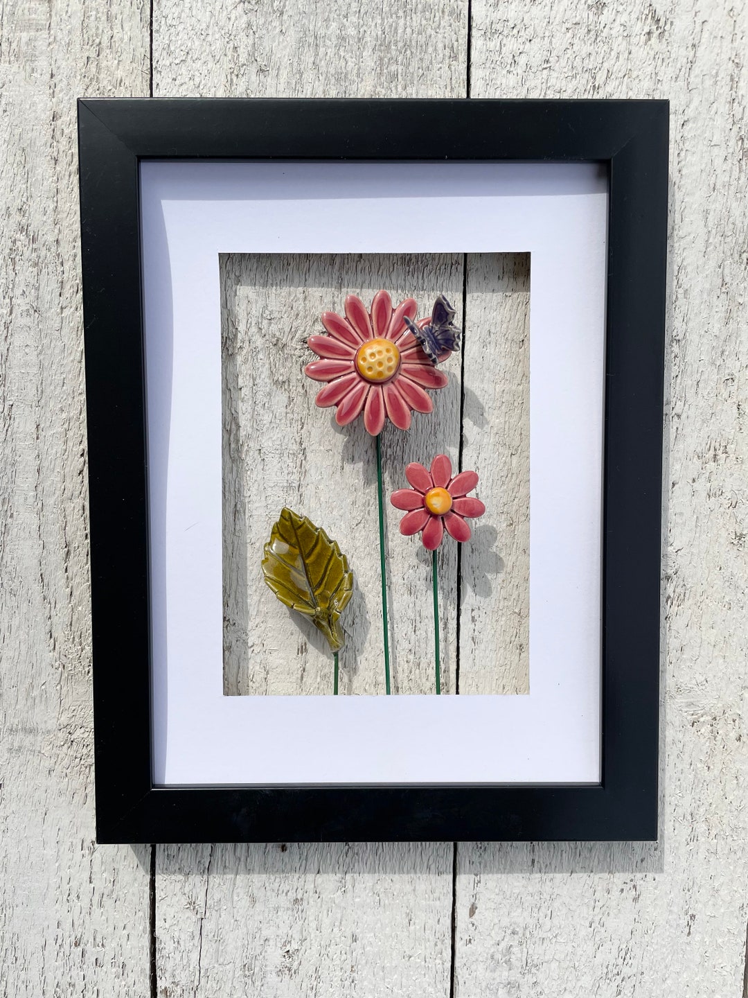 Framed White Ceramic Flowers,shadow Box Flower, Ceramic Flower Wall ...
