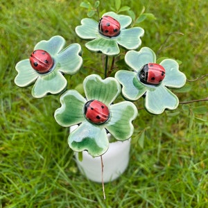 Ceramic Ladybird on Four-leaf Clover,plant Stake, Fairy Garden ...