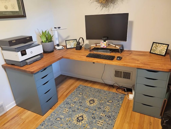 L shaped Desk Solid Wood Custom made with sustainable wood. Desktop Modern. New Etsy